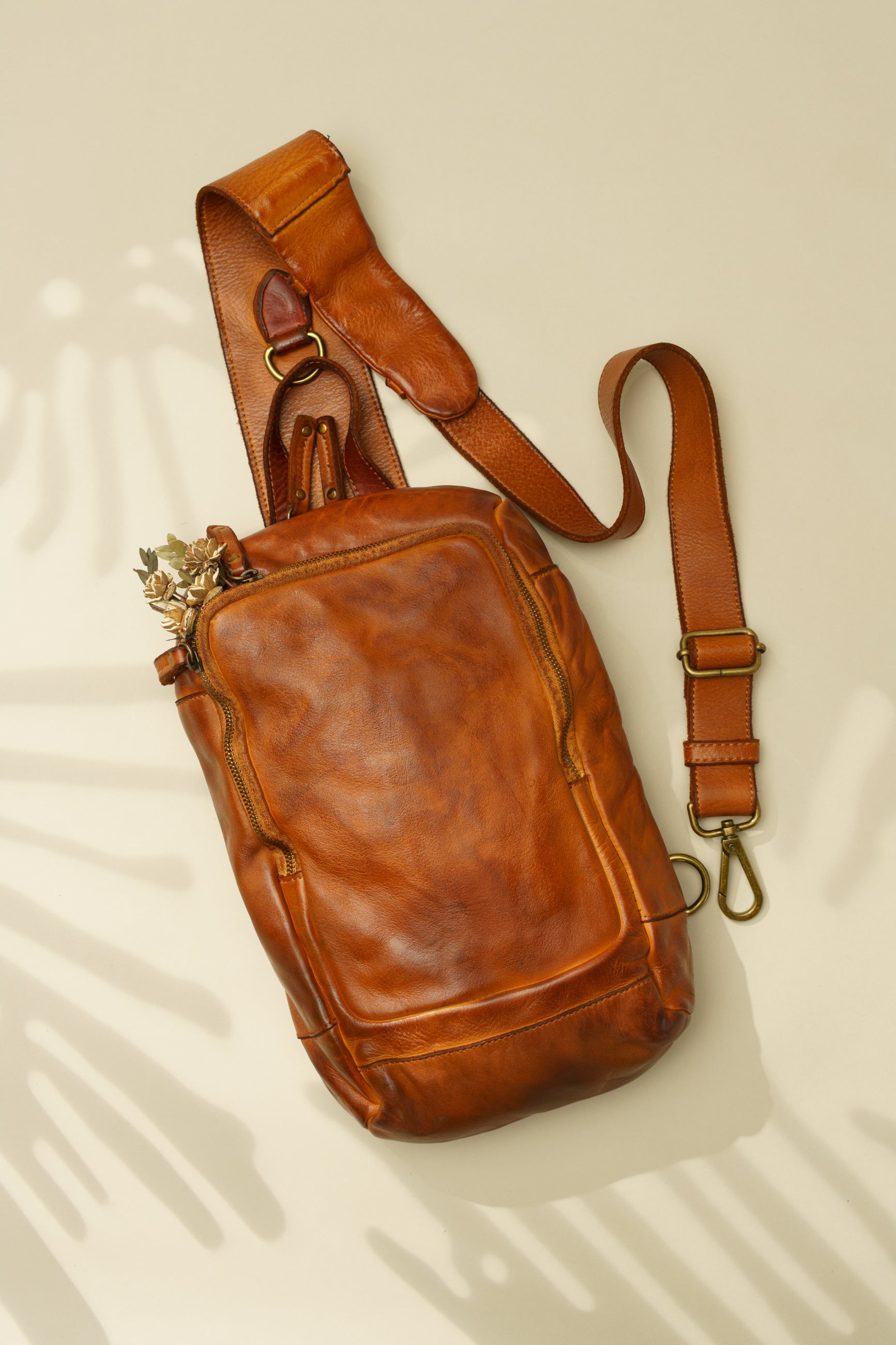 Vintage Italian Leather Sling Bag - Large Crossbody - Cognac ...